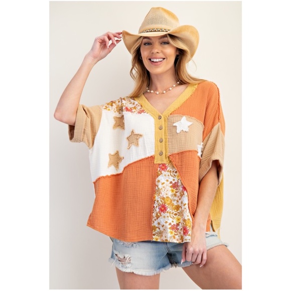 easel | Tops | Easel Floral Print Star Patch Reverse Stitch Color Block ...